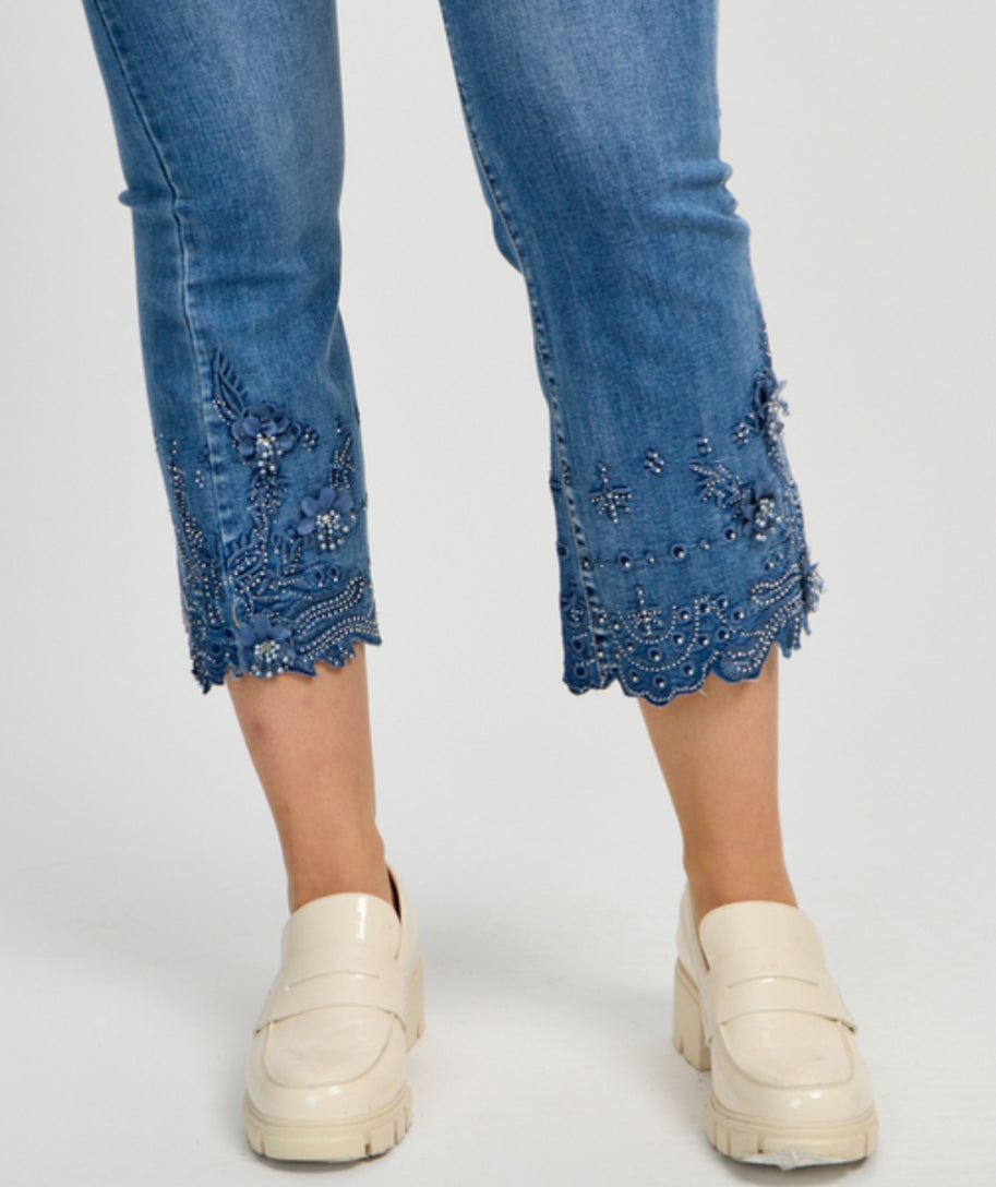 Blue Denim Button Front Jeans w/Pearl and Flower Bling on Hem by Orly ...