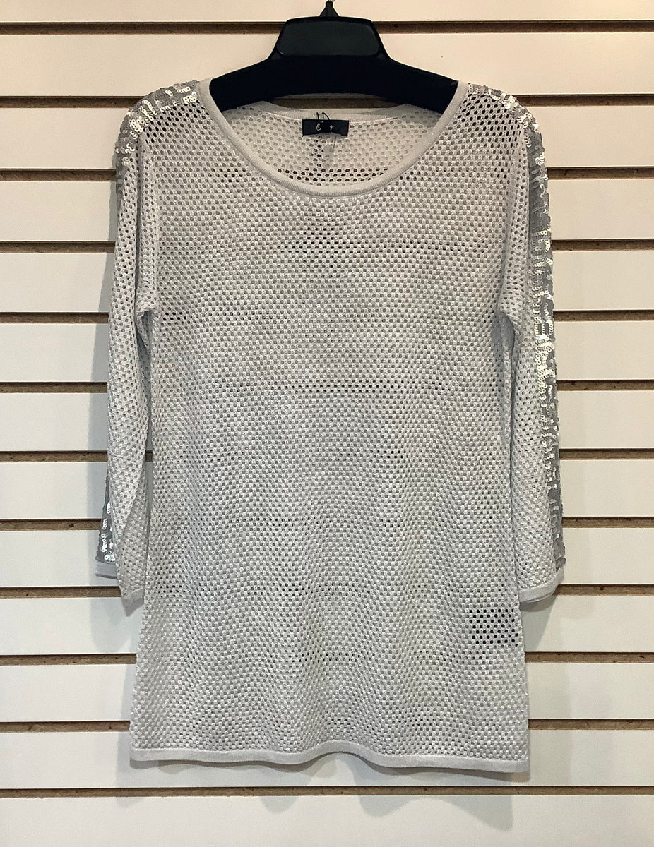 Lite Silver Loose Knit, 3/4 Sleeves Top w/Round Neck and Silver Bling ...